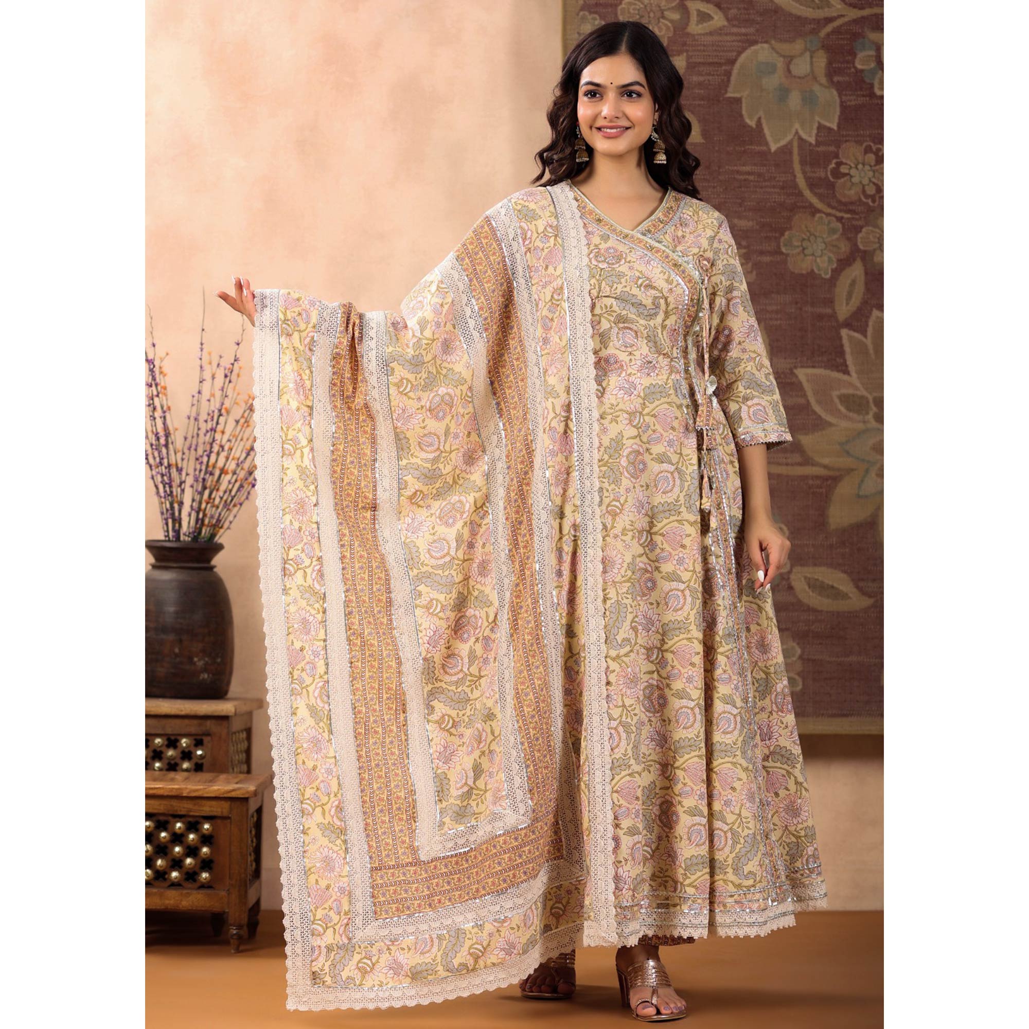 Yellow Floral Printed Pure Cotton Anarkali Suit