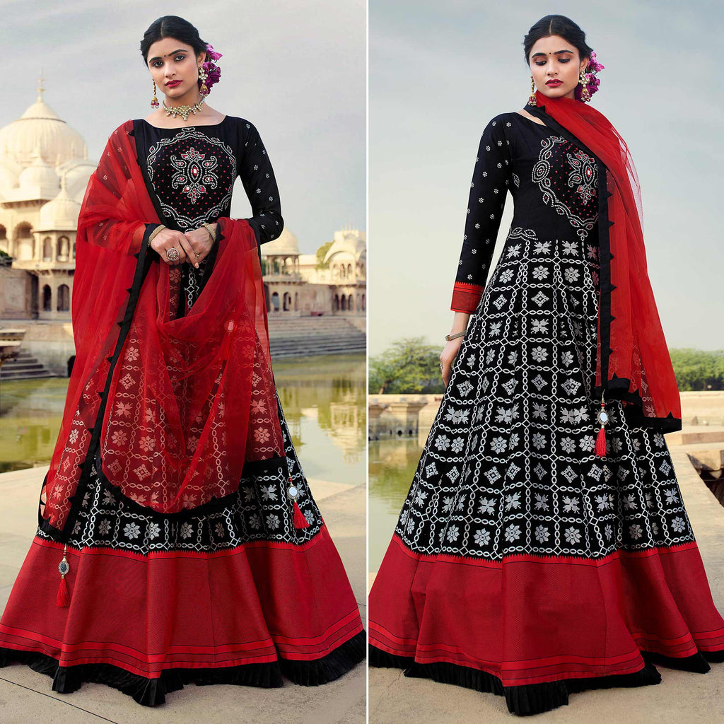Black Weaving With Mirror Work Jacquard Gown
