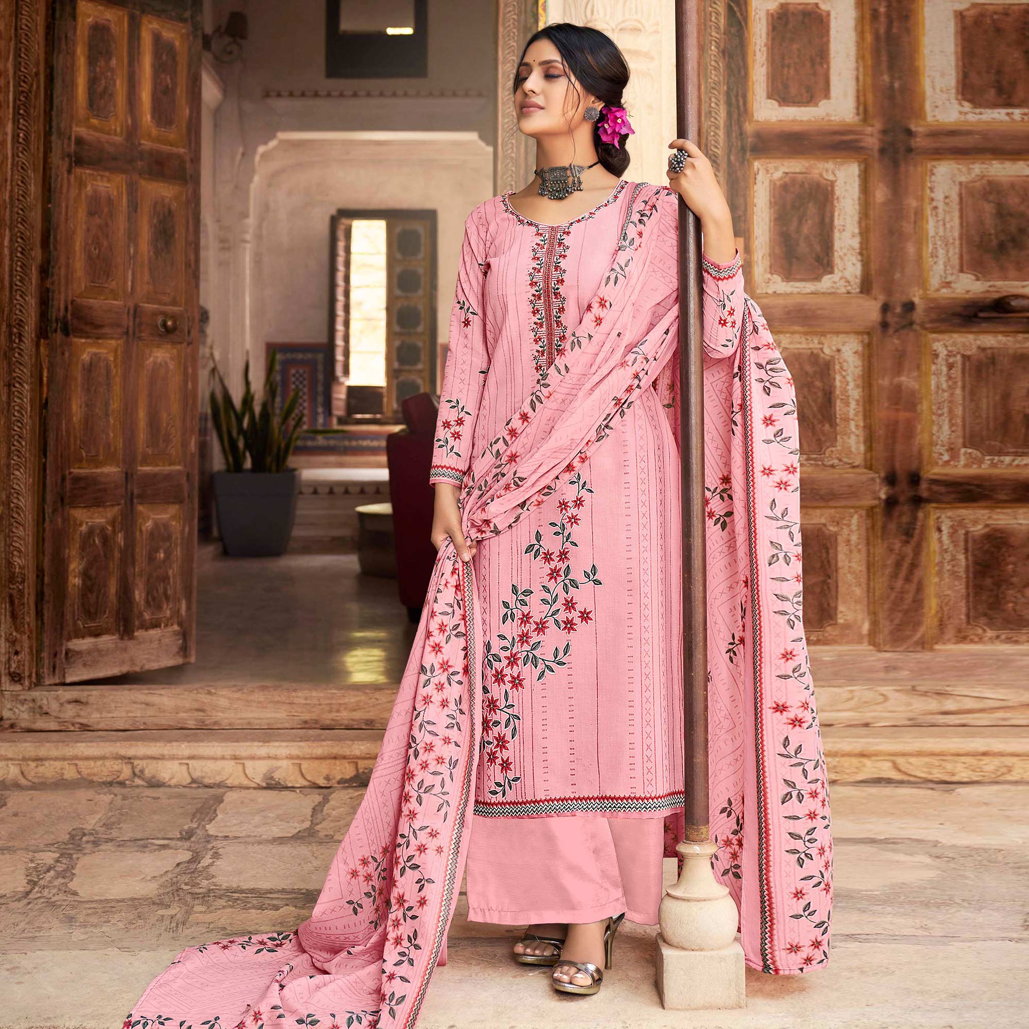 Pink Floral Printed With Embroidered Pure Cotton Palazzo Suit