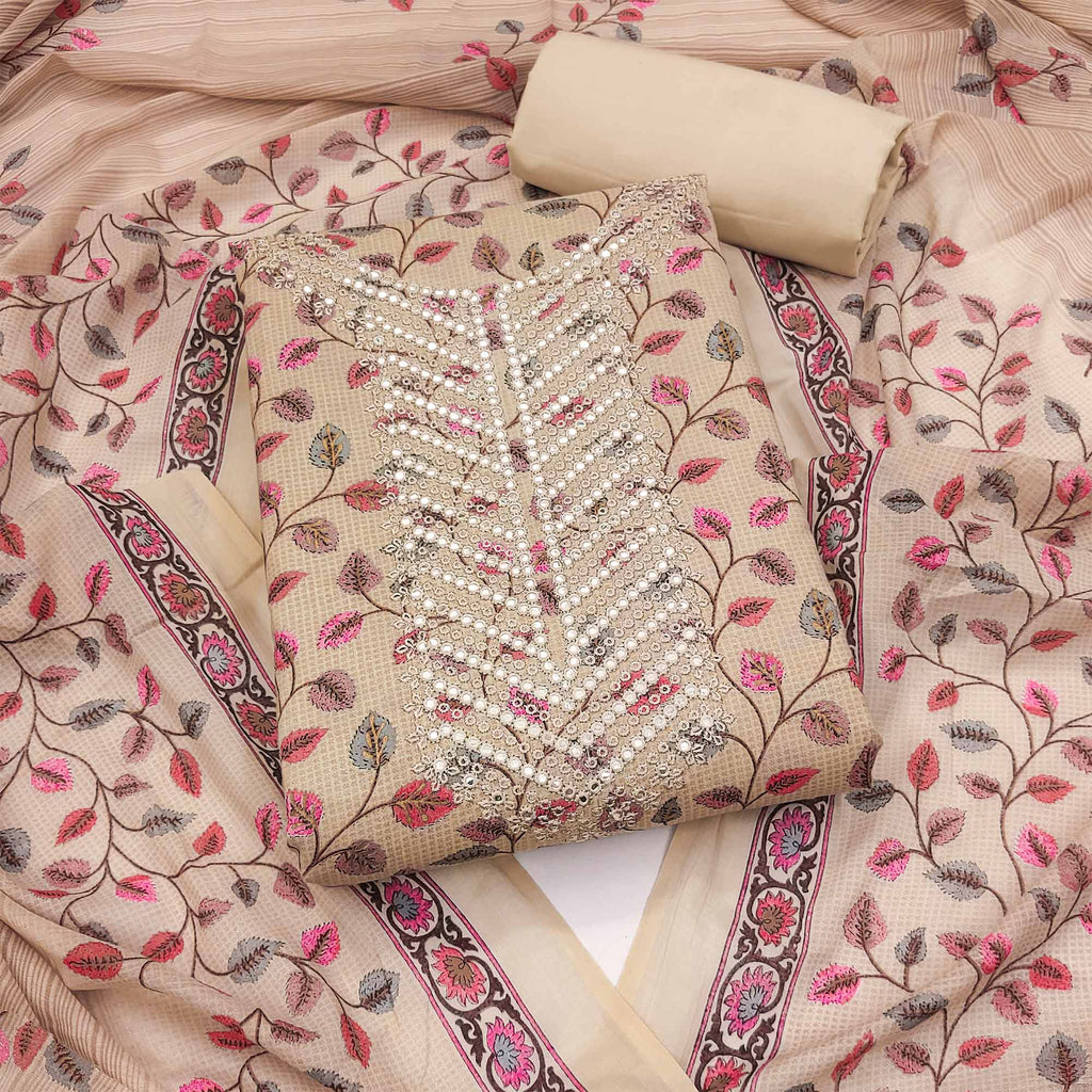 Chikoo Floral Printed-Mirror Work Pure Cotton Dress Material