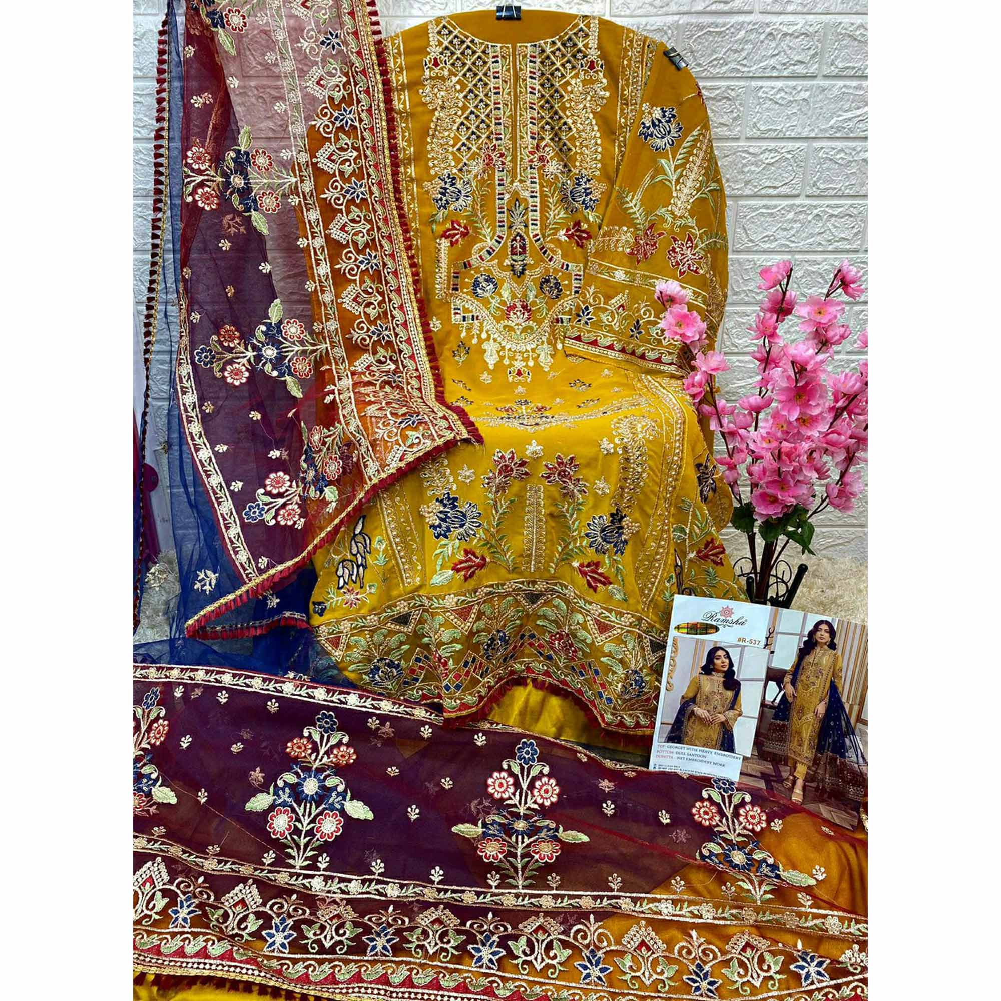 Mustard Floral Embroidered Georgette Pakistani Suit