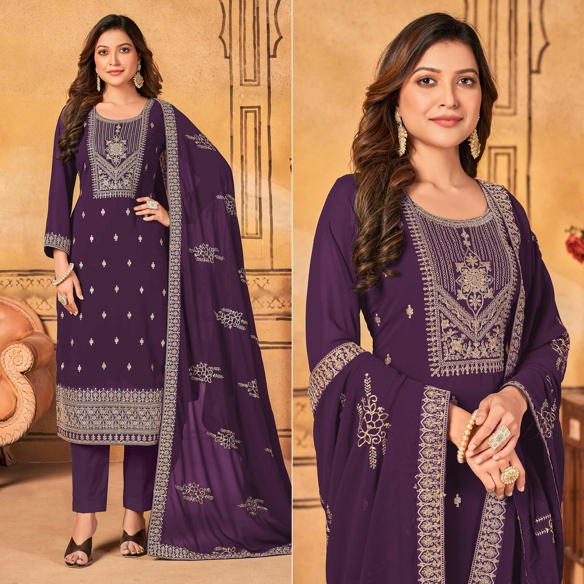 Purple Floral Embroidered Georgette Salwar Suit
