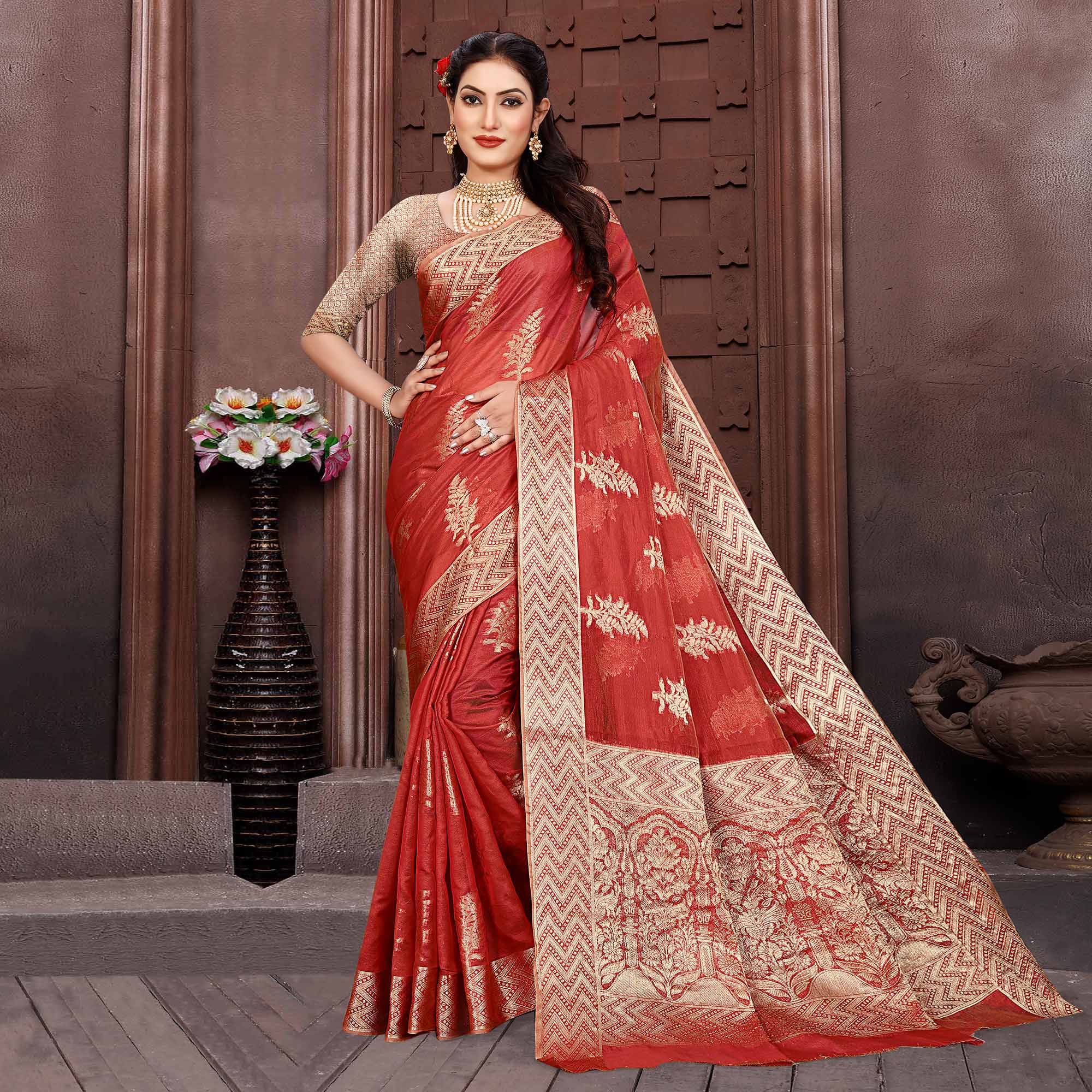 Rust Floral Woven Organza Saree