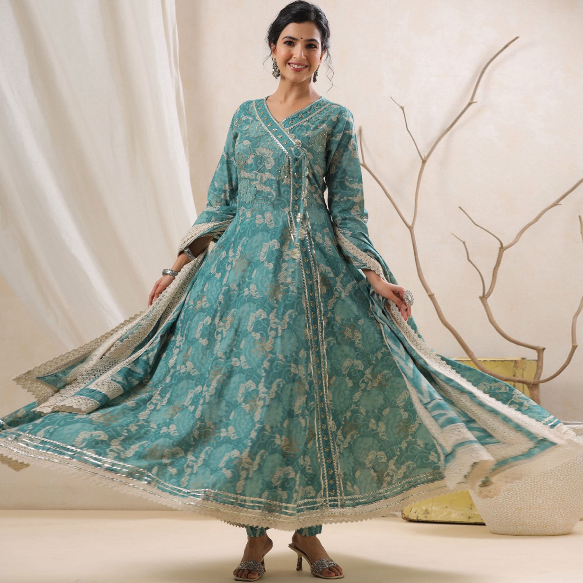 Rama Blue Floral Printed Pure Cotton Anarkali Suit