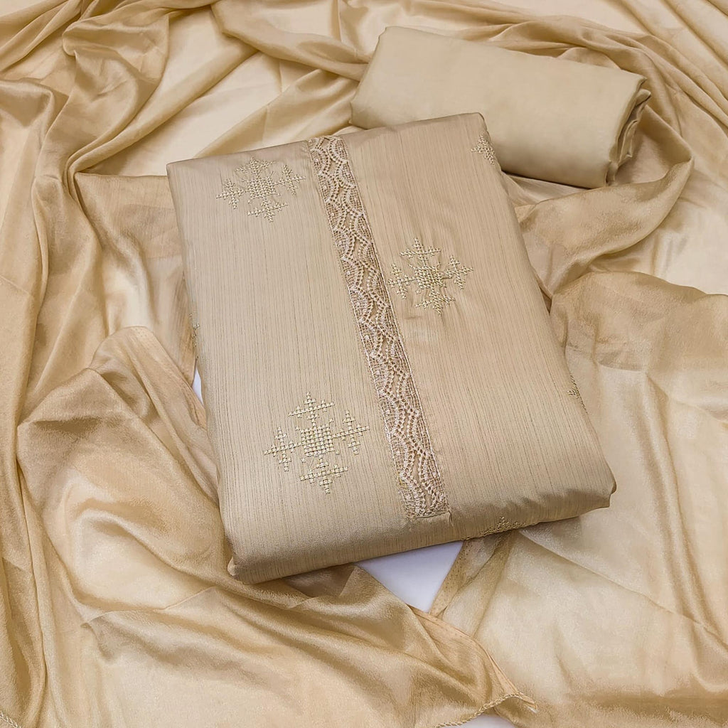Light Chikoo Embroidered Raw Silk Dress Material