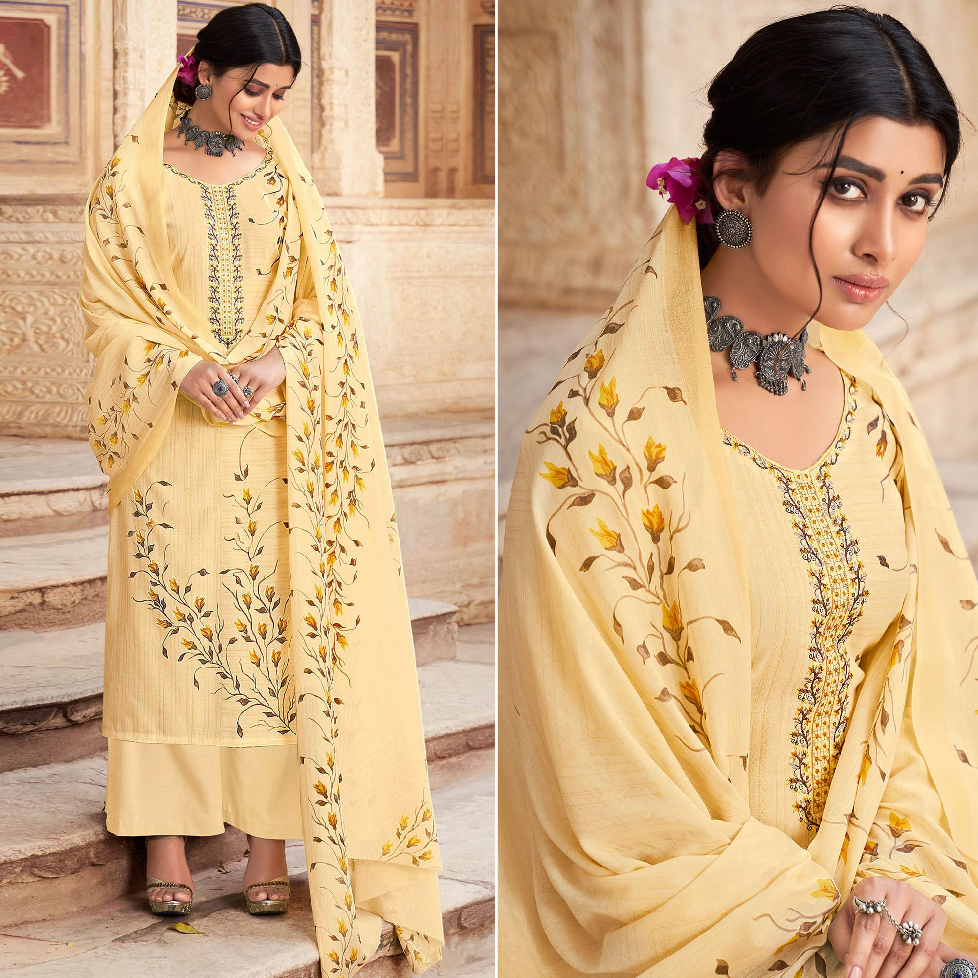 Yellow Floral Printed With Embroidered Pure Cotton Palazzo Suit