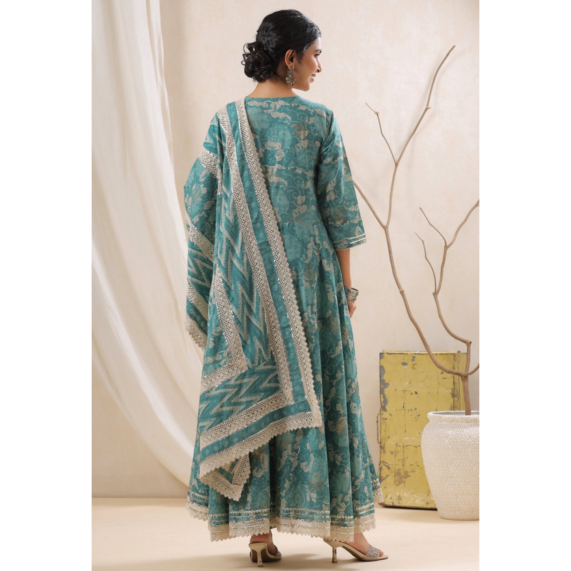 Rama Blue Floral Printed Pure Cotton Anarkali Suit