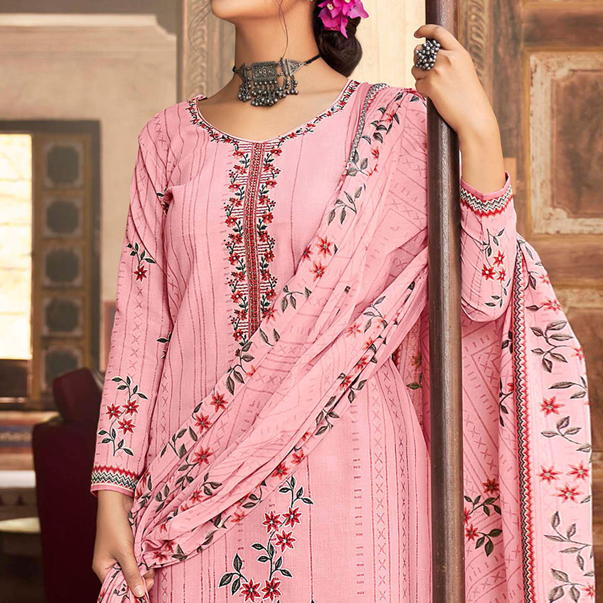Pink Floral Printed With Embroidered Pure Cotton Palazzo Suit