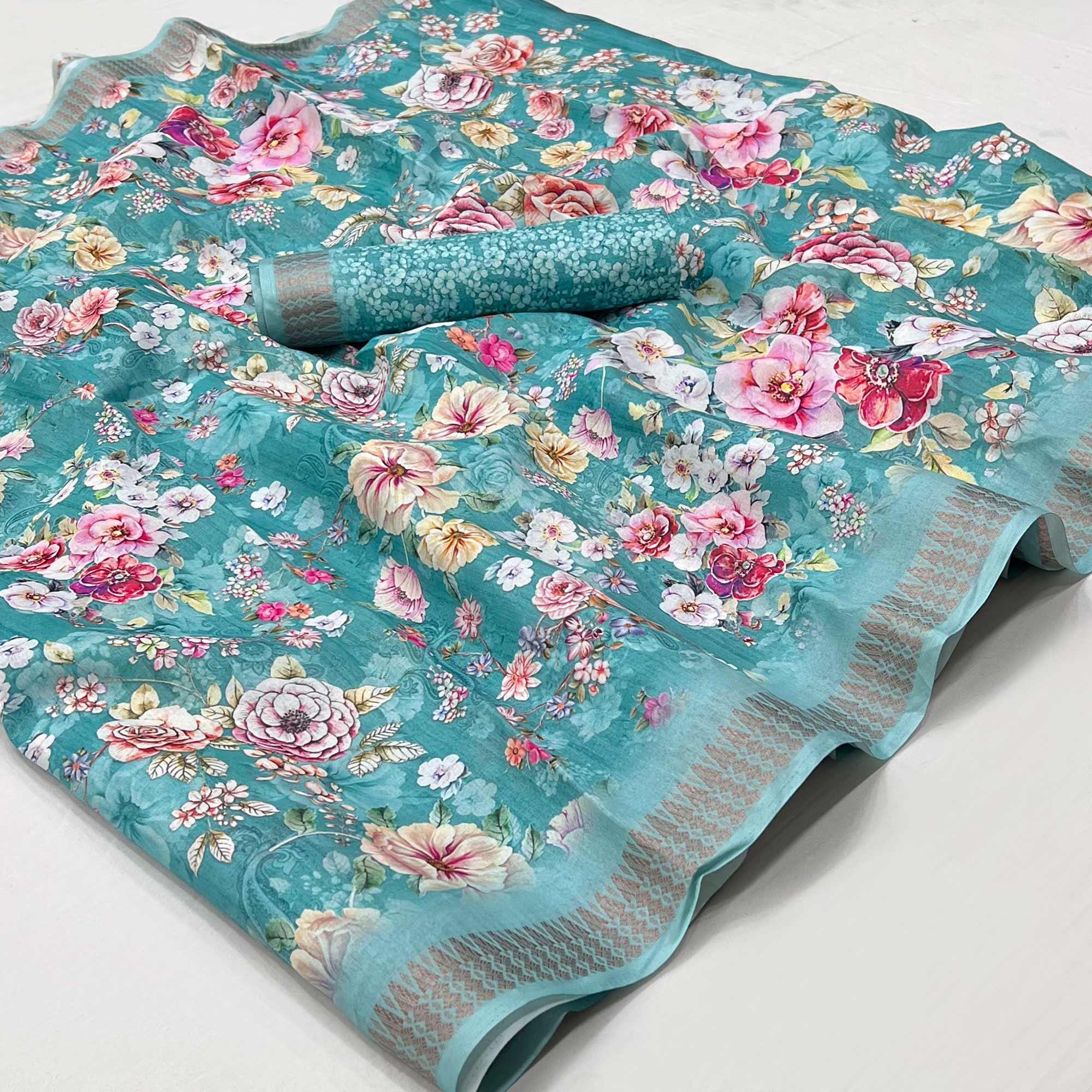 Firozi Blue Digital Printed Cotton Silk Saree