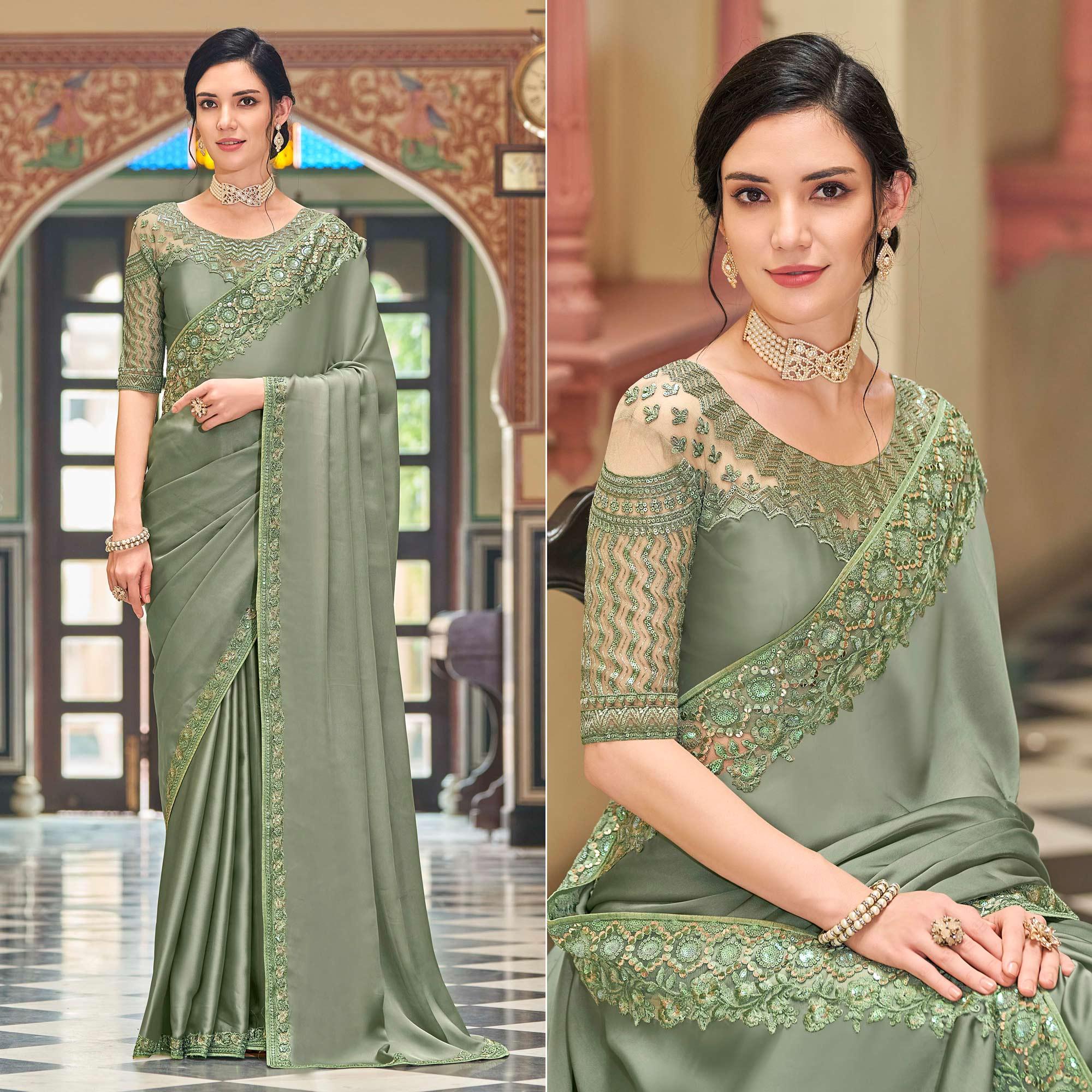 Green Floral Sequins Embroidered Art Silk Saree