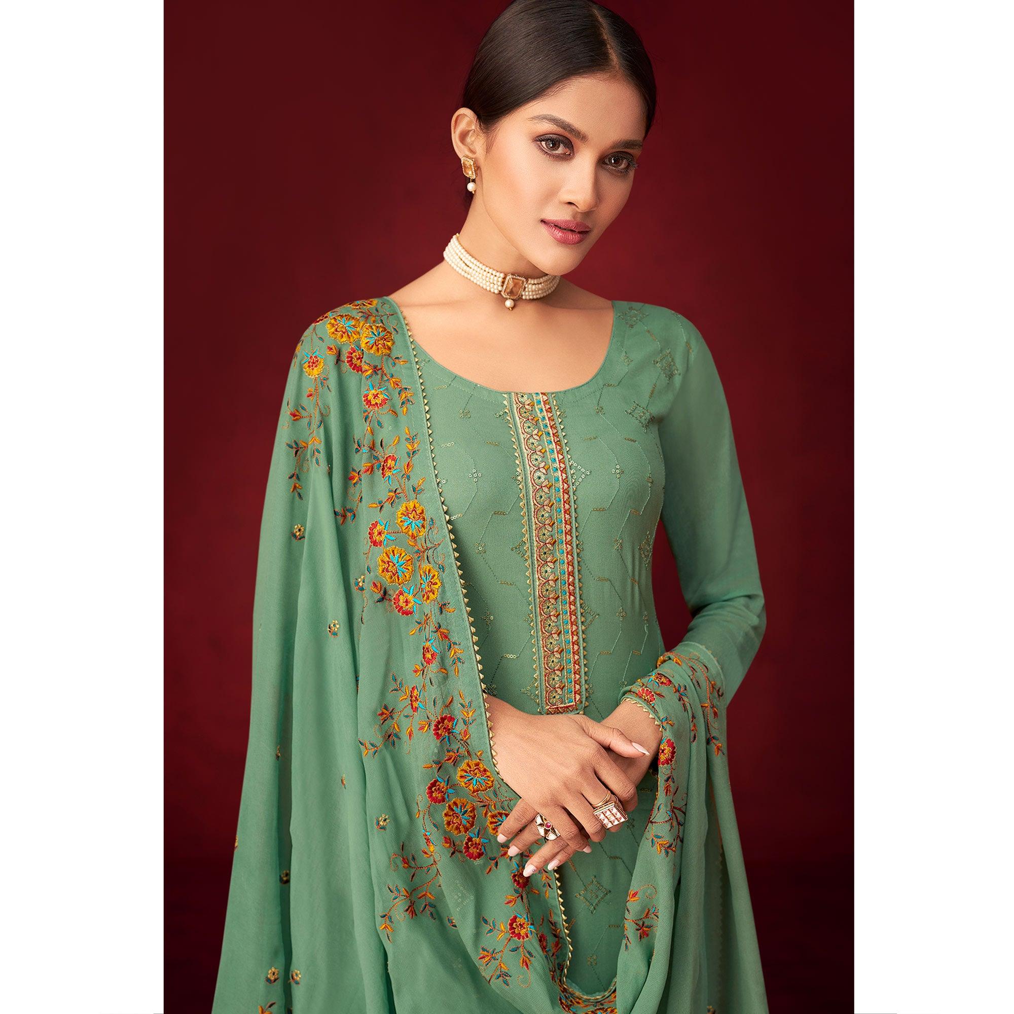 Green Sequence Embroidered Georgette Partywear Suit