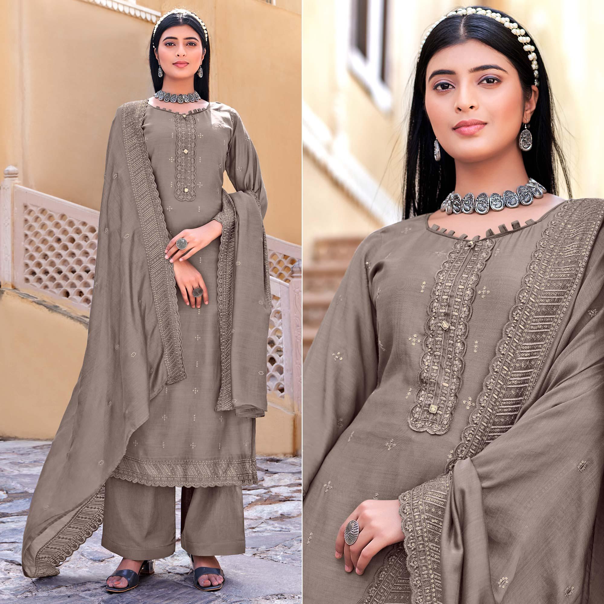 Grey Sequins Floral Embroidered Muslin Suit