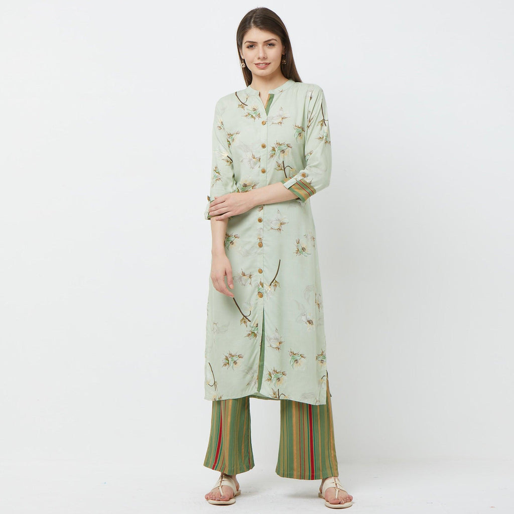 Intricate Mint Green Colored Casual Floral Printed Cotton Kurti-Palazzo Set