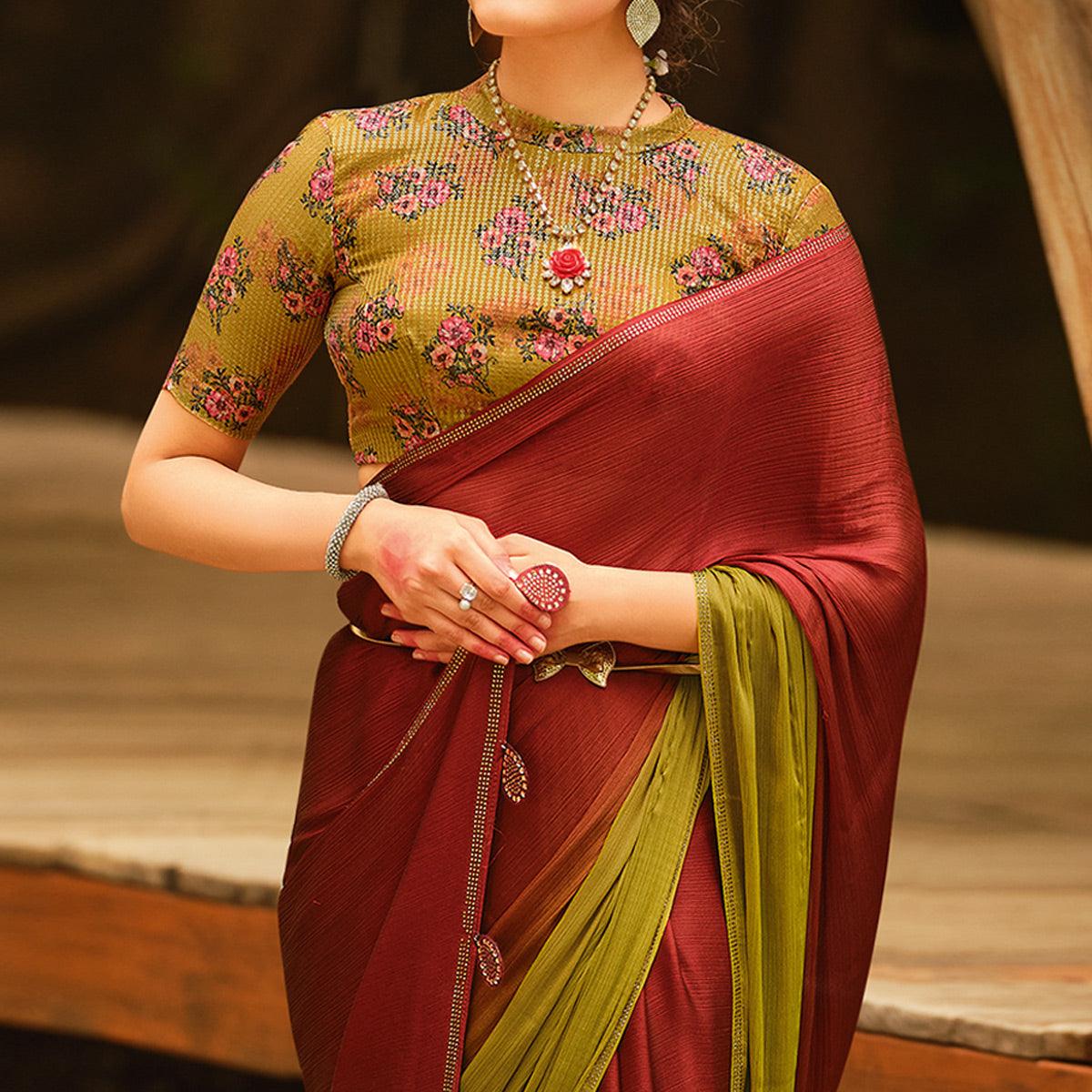 Maroon-Green Solid Chiffon Saree