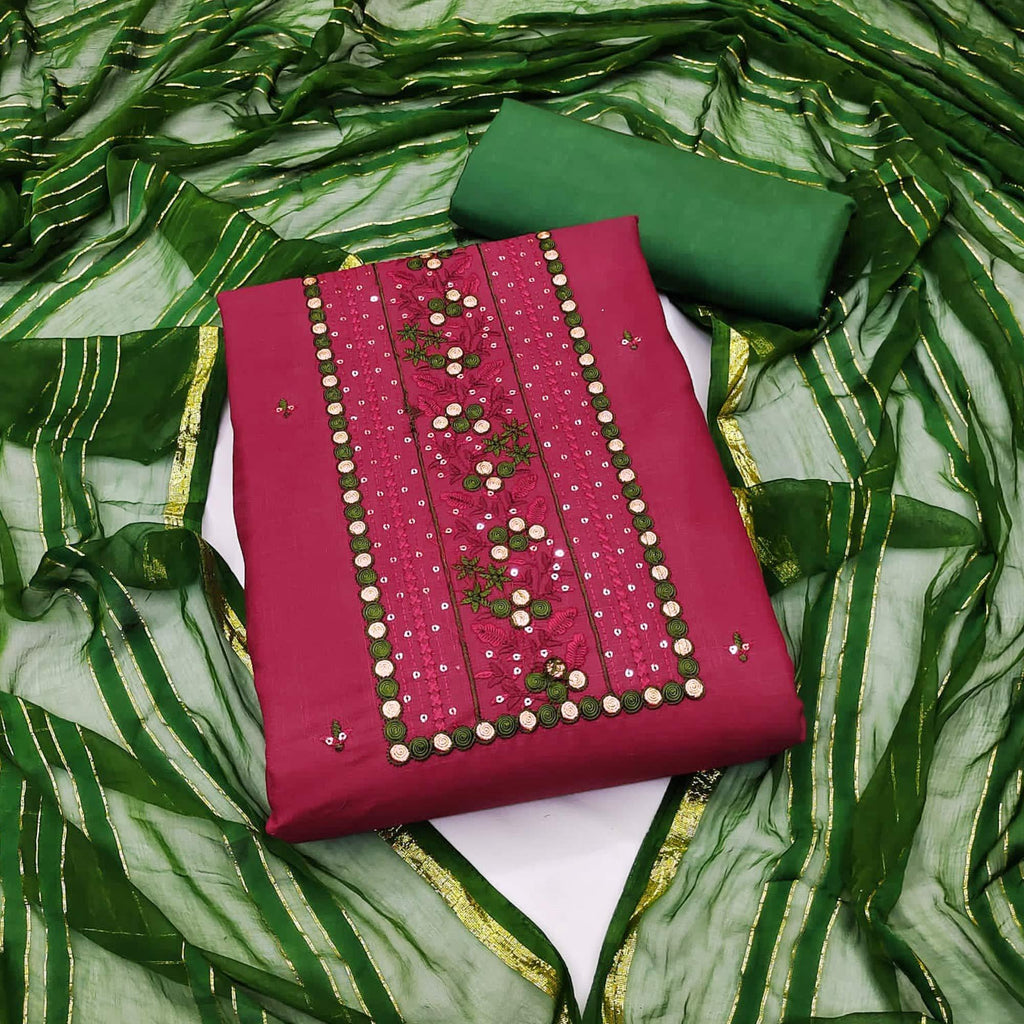 Maroon Sequins Embroidered Cotton Blend Dress Material