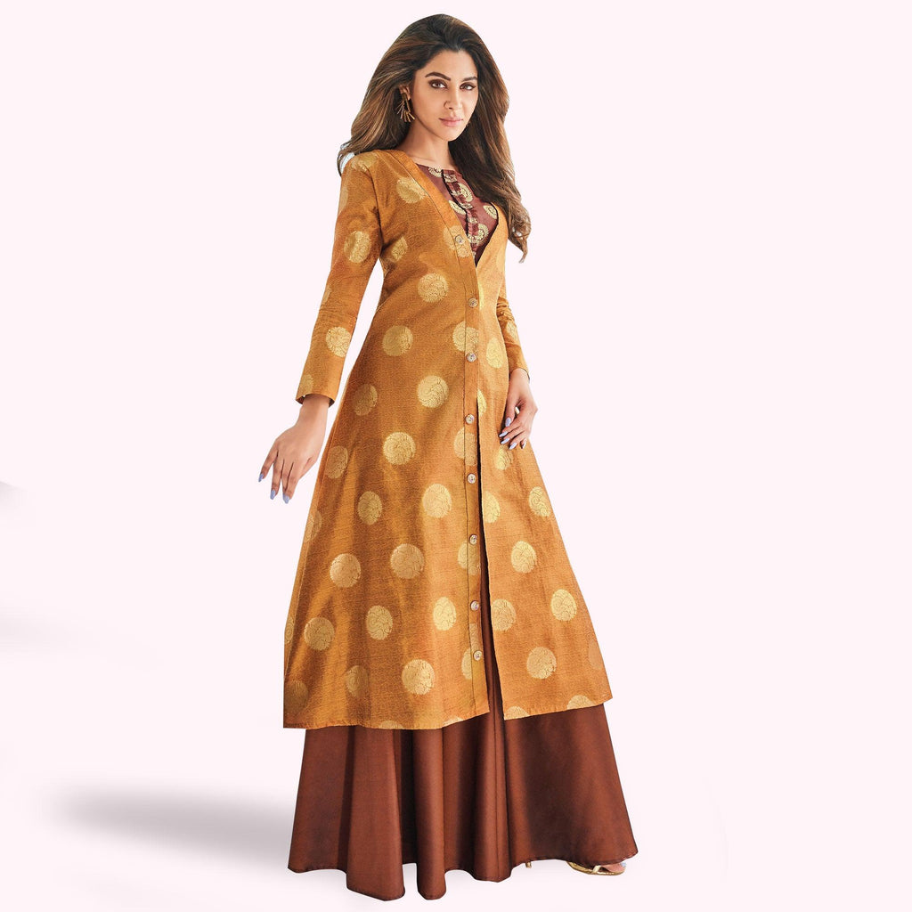 Stunning Mustard Yellow-Brown Colored Partywear Printed Raw Silk ...