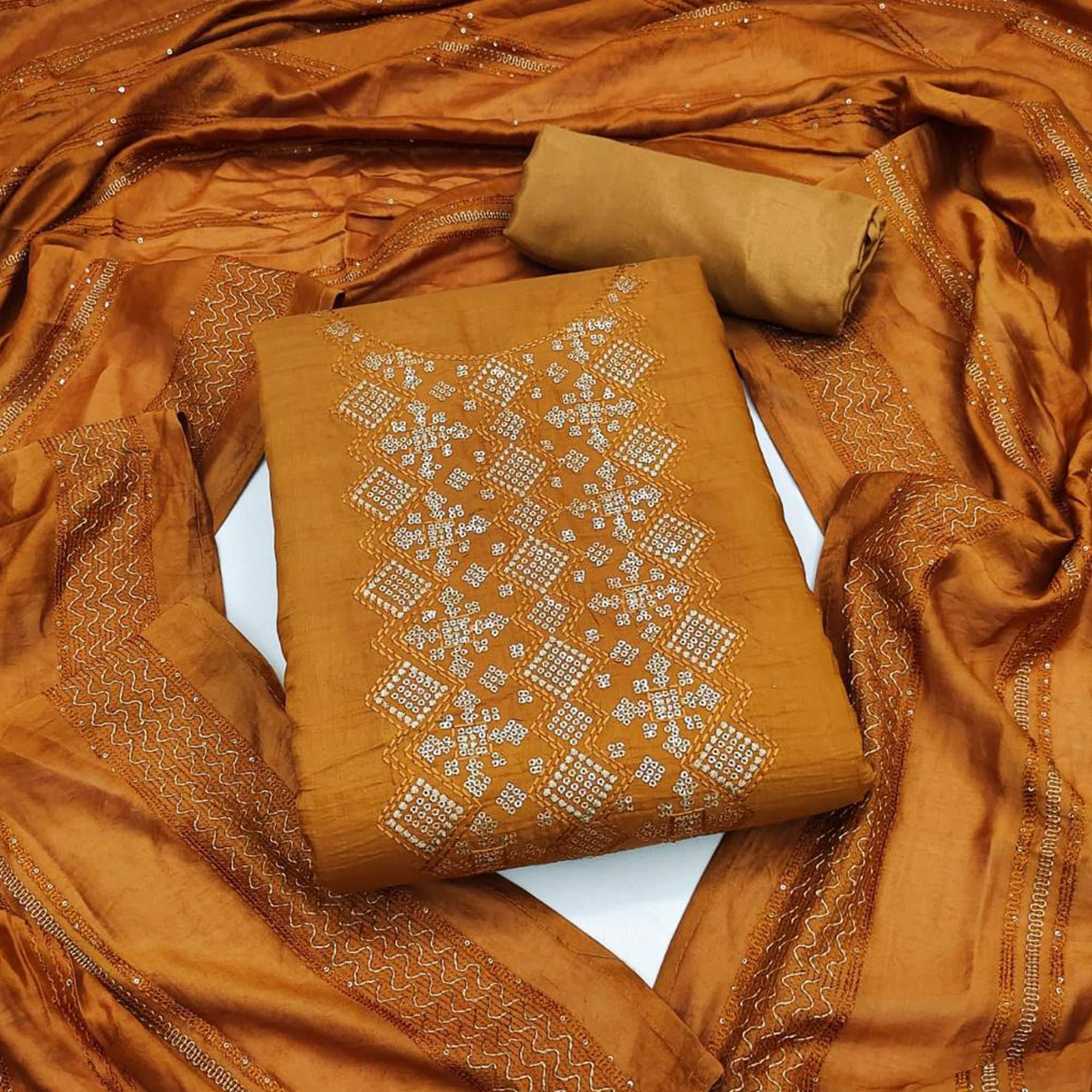 Mustard Embroidered Art Silk Dress Material