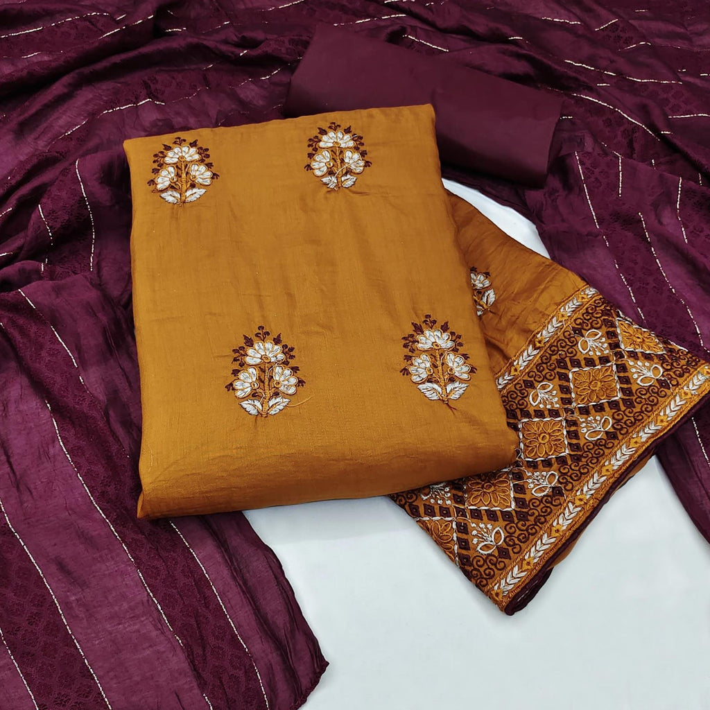 Mustard Floral Embroidered Pure Silk Dress Material