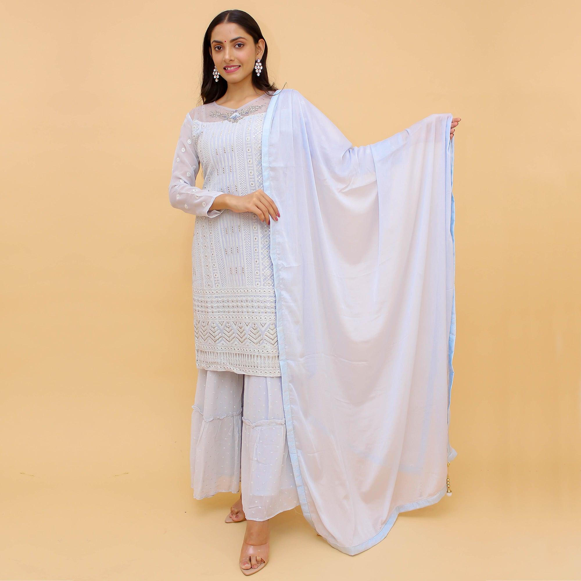Off White Sequins Embroidered Georgette Sharara Suit