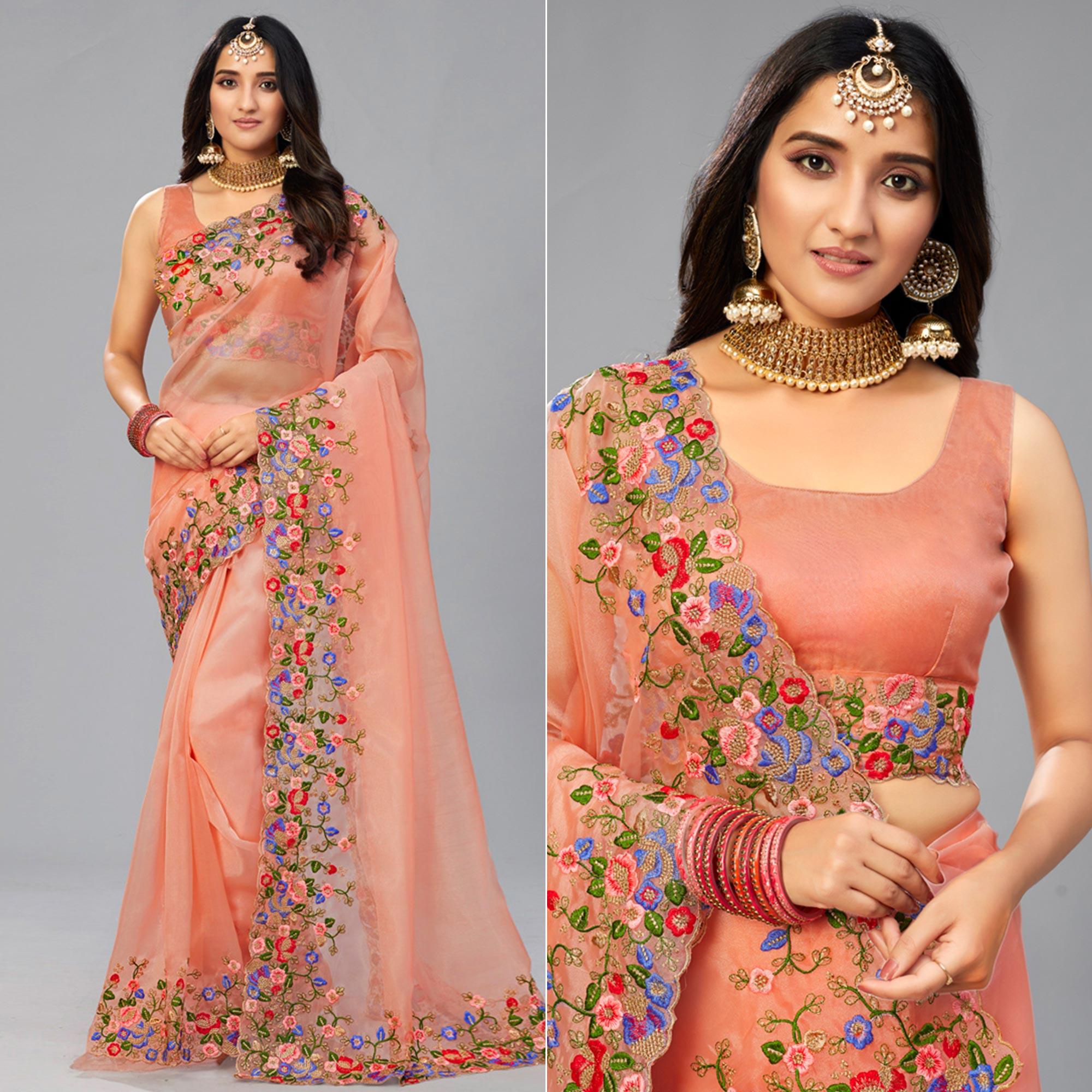 Peach Embroidered Organza Saree