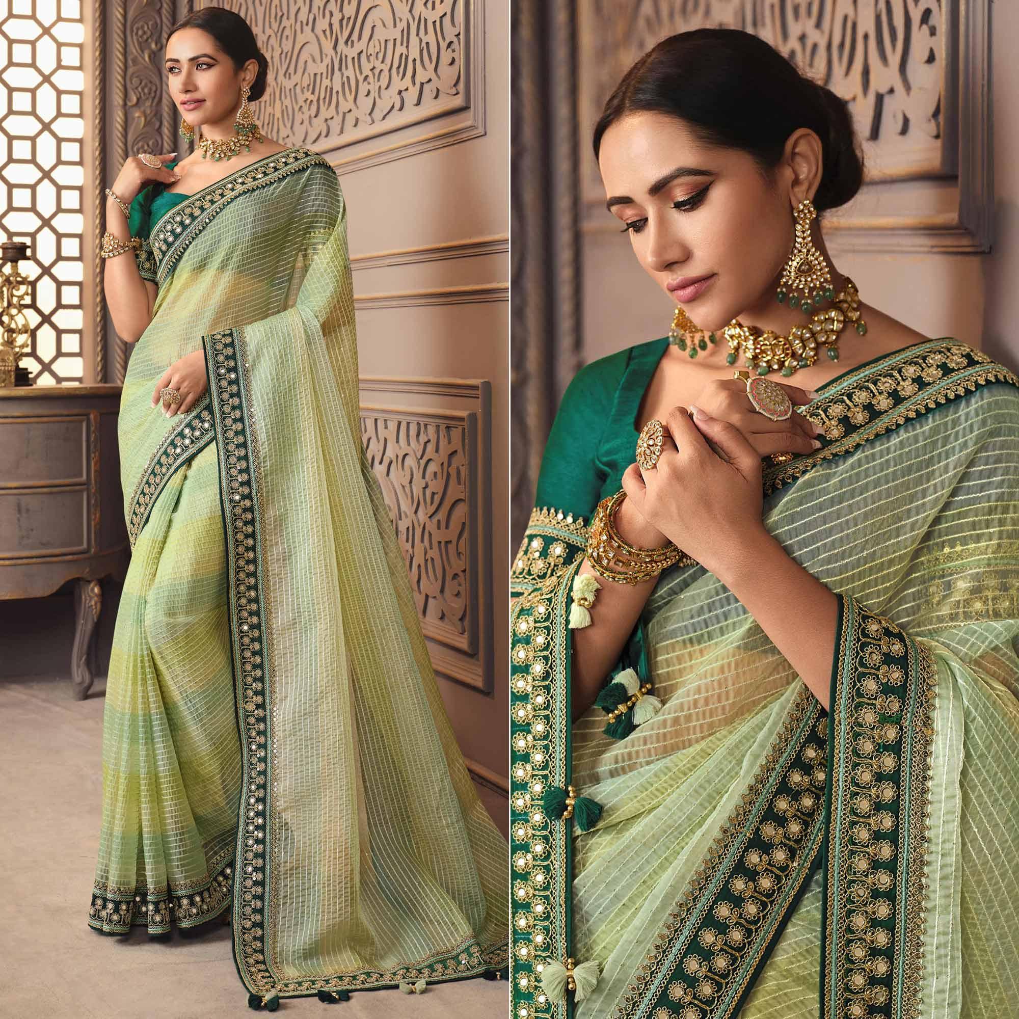 Pista Green Sequins Embroidered Organza Saree