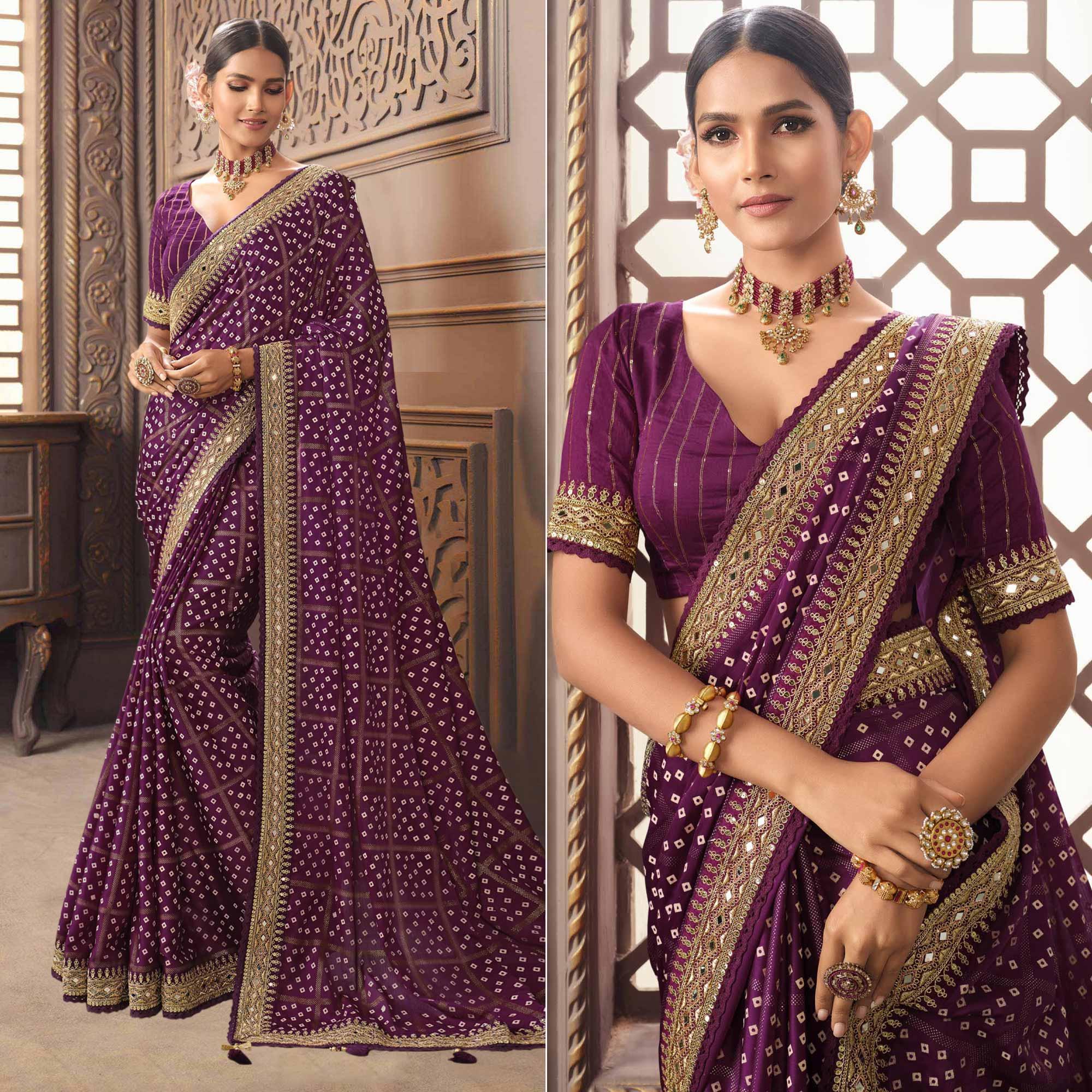 Purple Bandhani Printed With Fancy Border Organza Saree