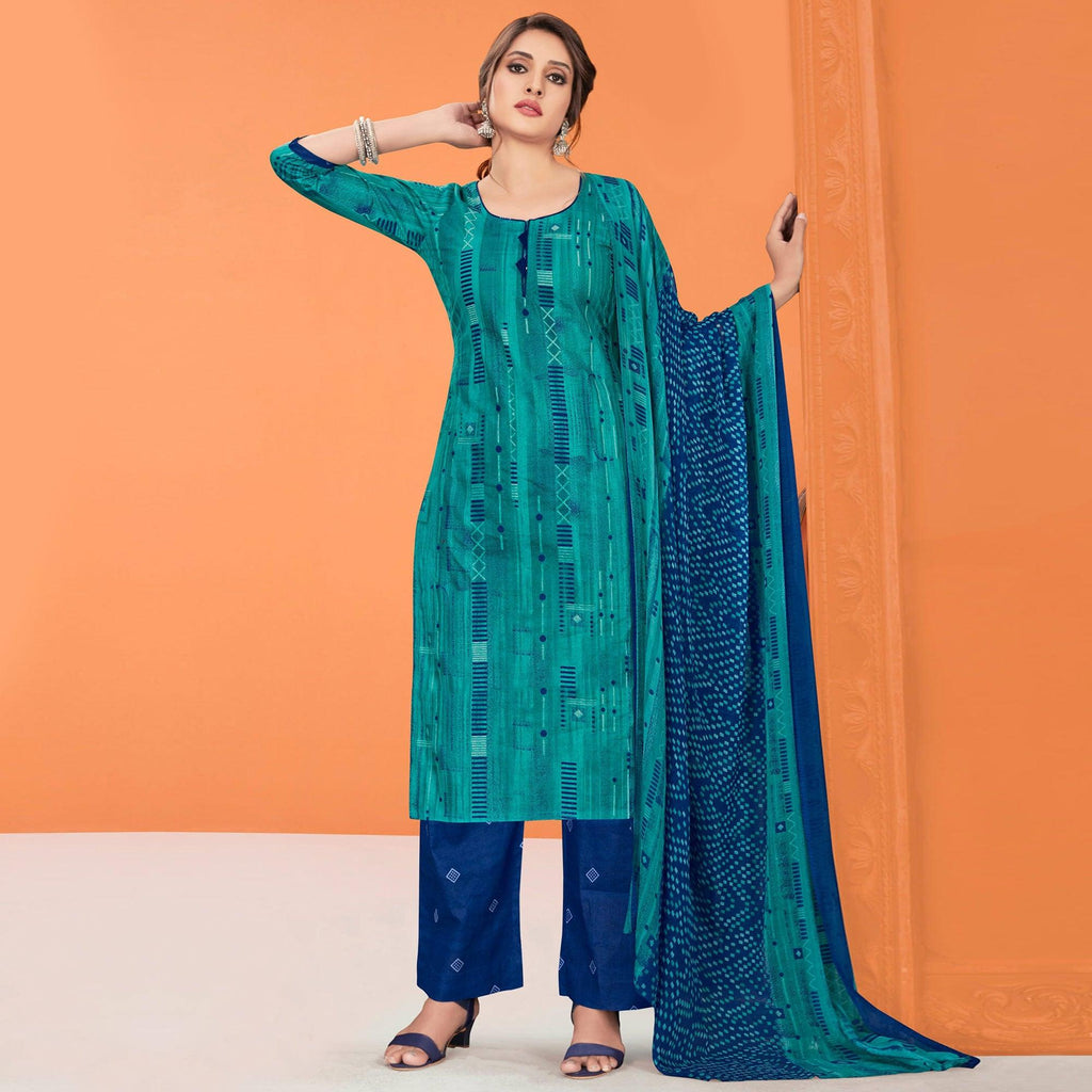 Rama Blue Printed Cotton Blend Dress Material