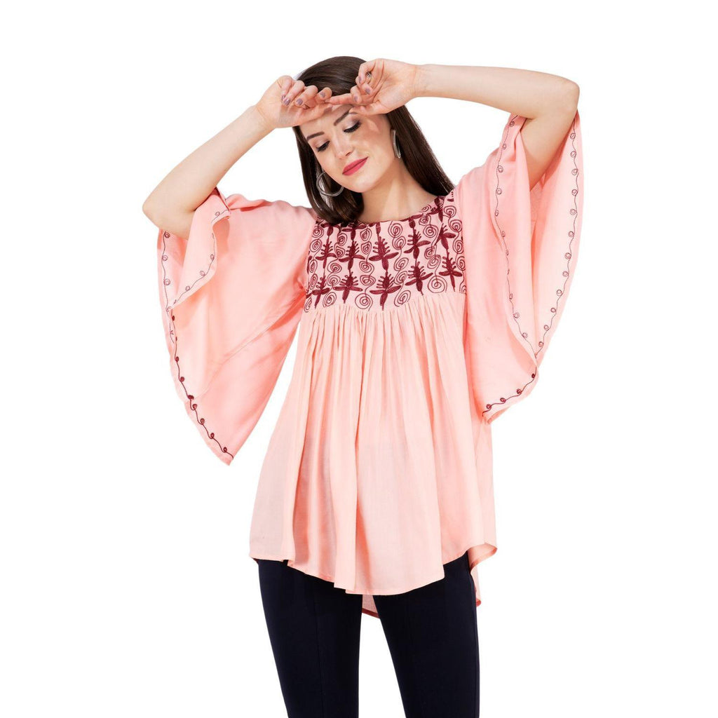 SAAKAA - Women's Rayon Pink Embroidered Top