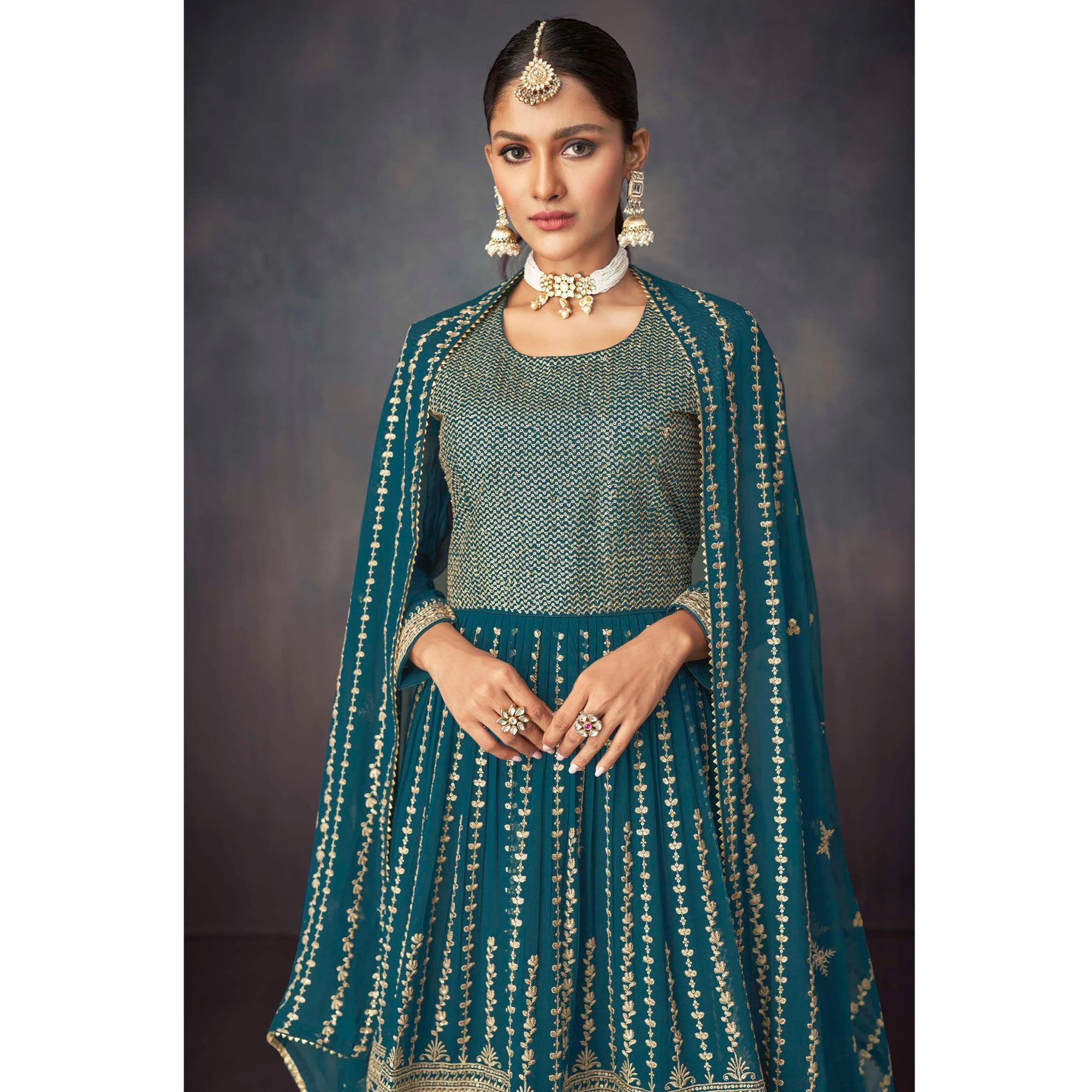 Teal Blue Embroidered Georgette Sharara Suit