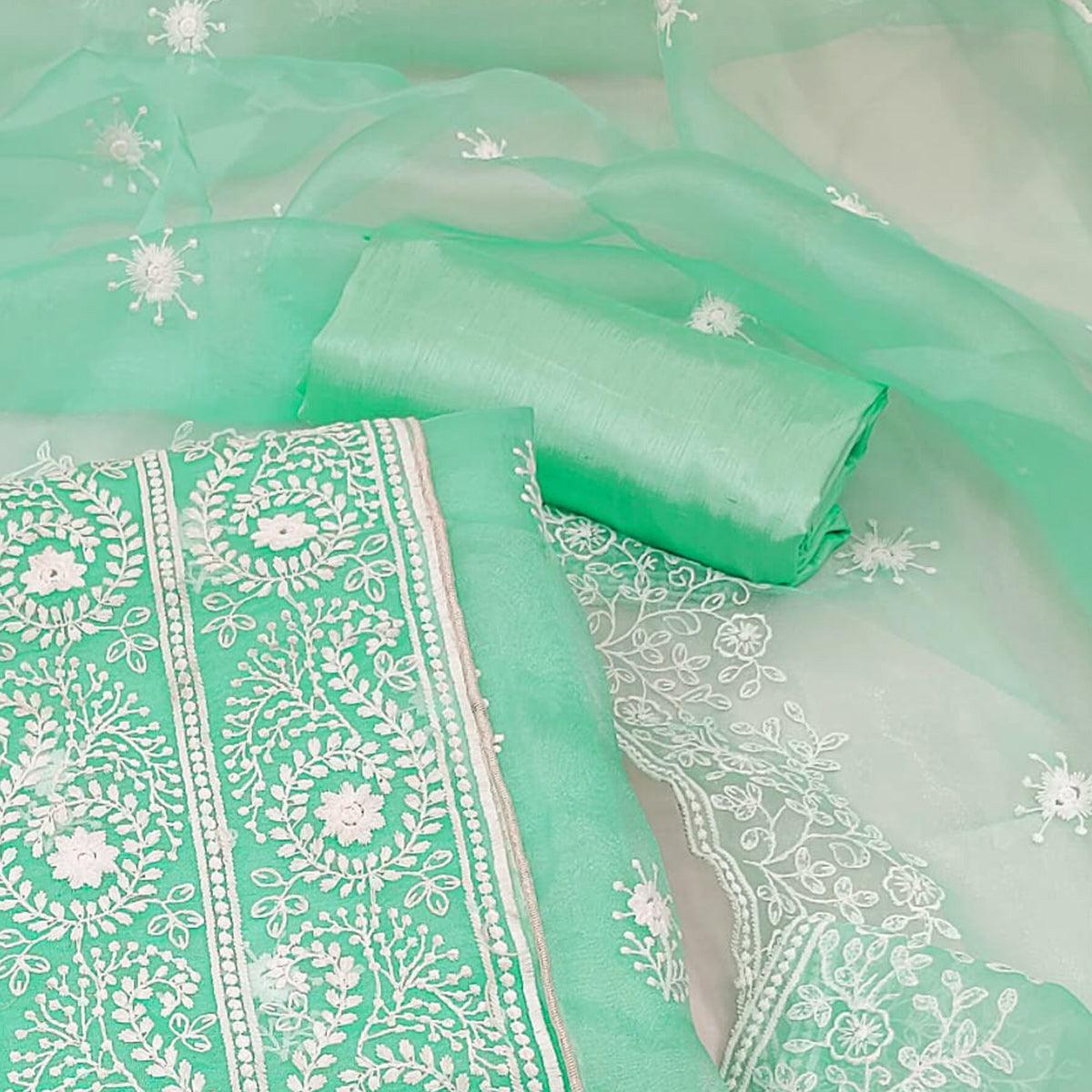 Turquoise Embroidered Organza Dress Material