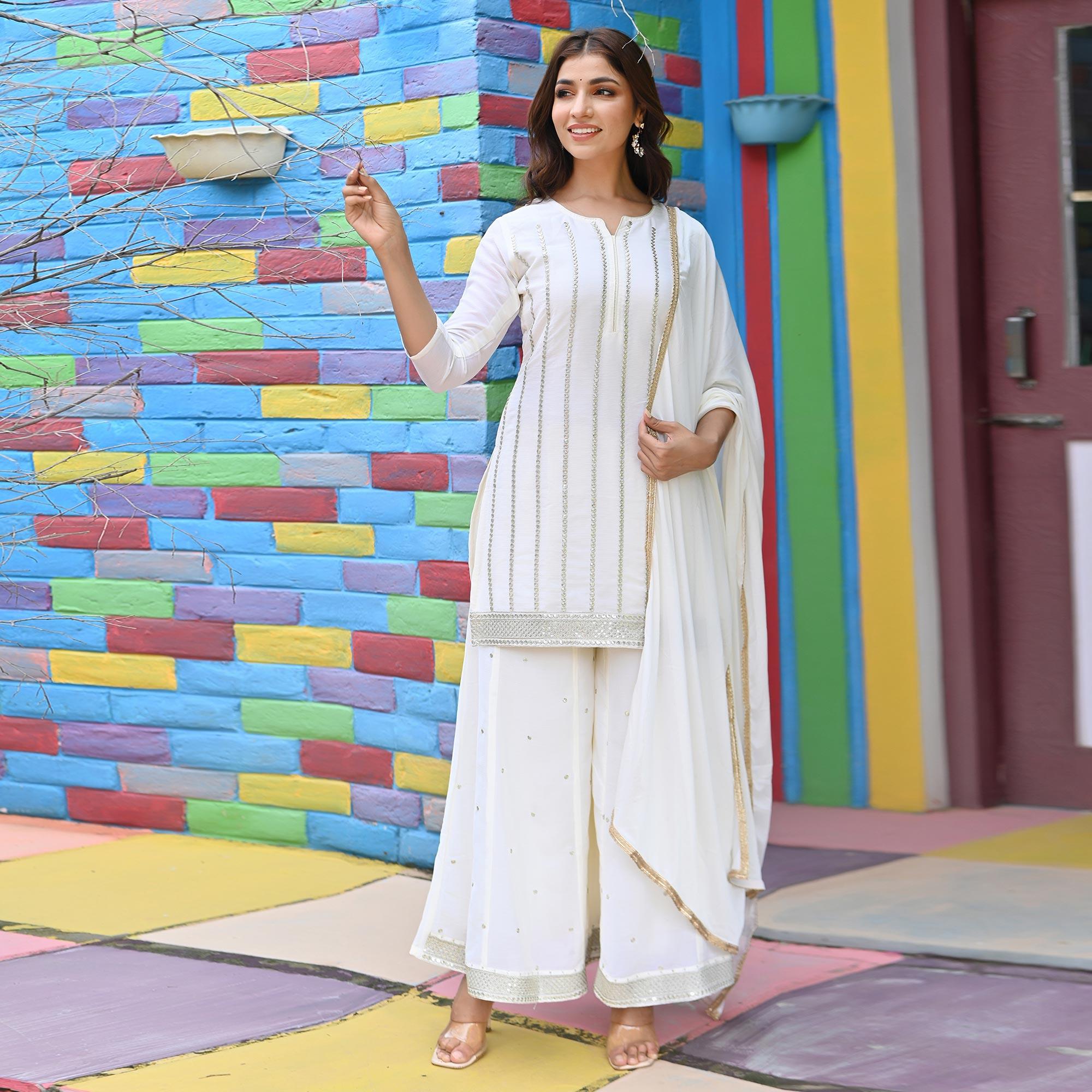 White Sequins Embroidered Chiffon Palazzo Suit