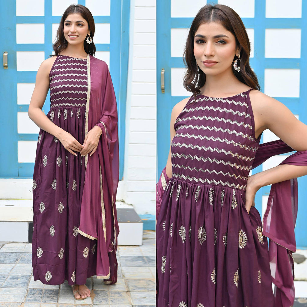 Wine Sequins Embroidered Muslin Gown
