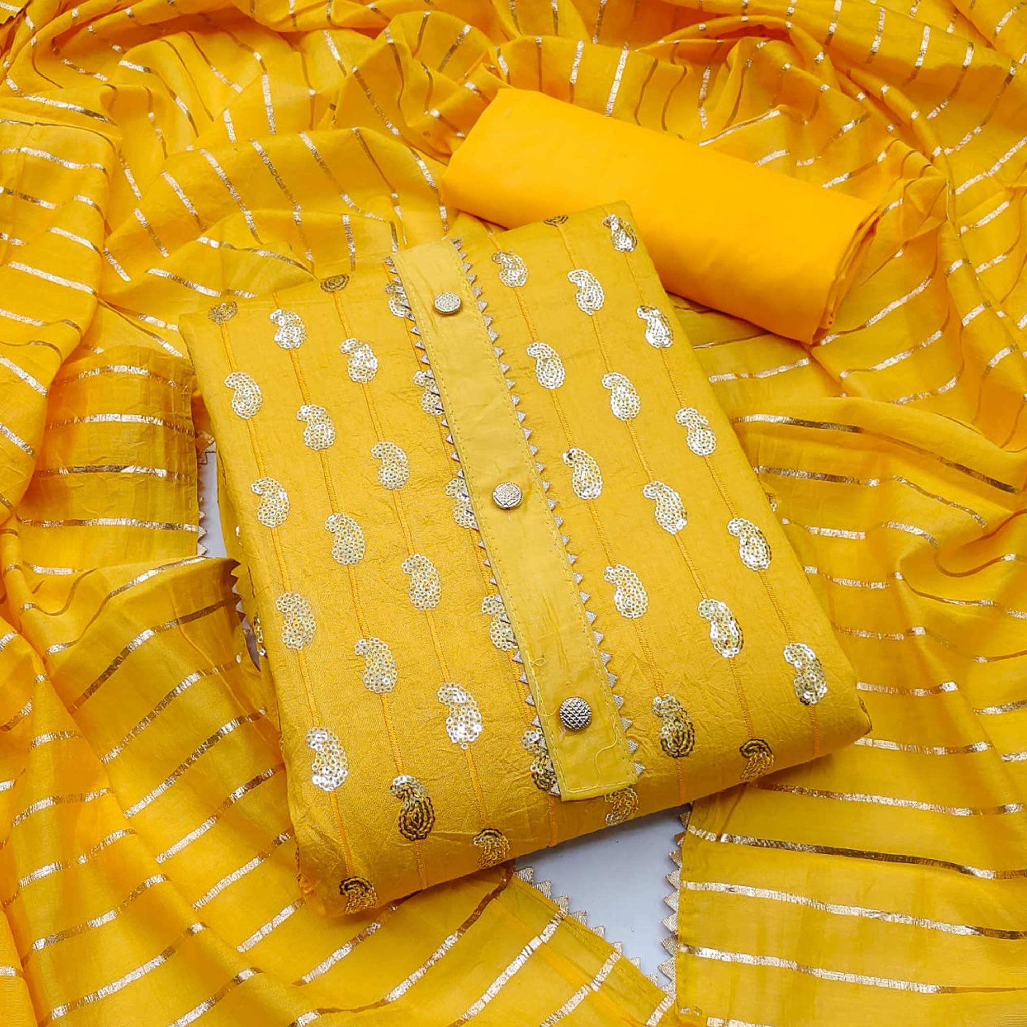 Yellow Sequins Embroidered Pure Cotton Dress Material